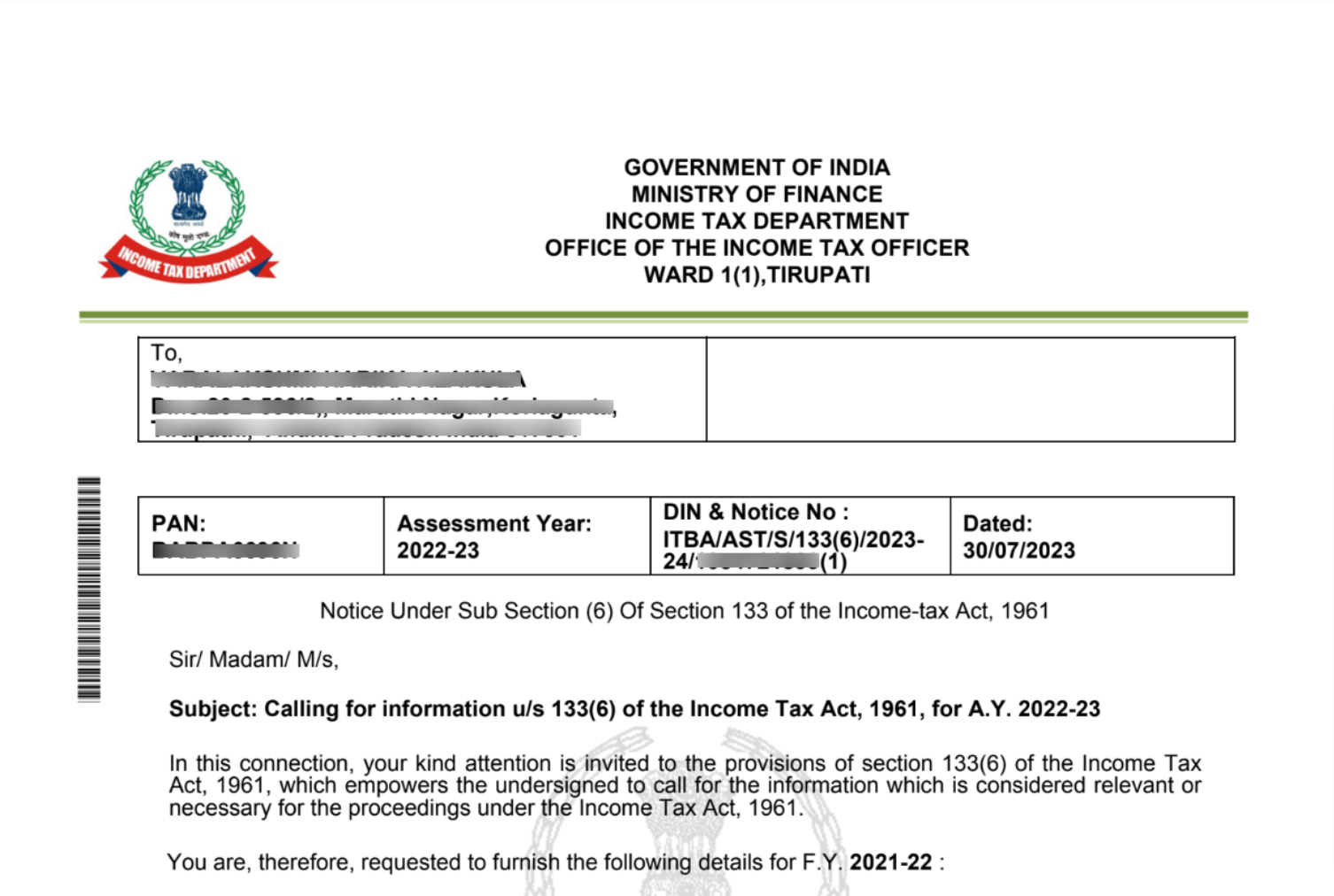 Resolve tax notice of calling for information u/s 133(6) of Income Tax ...